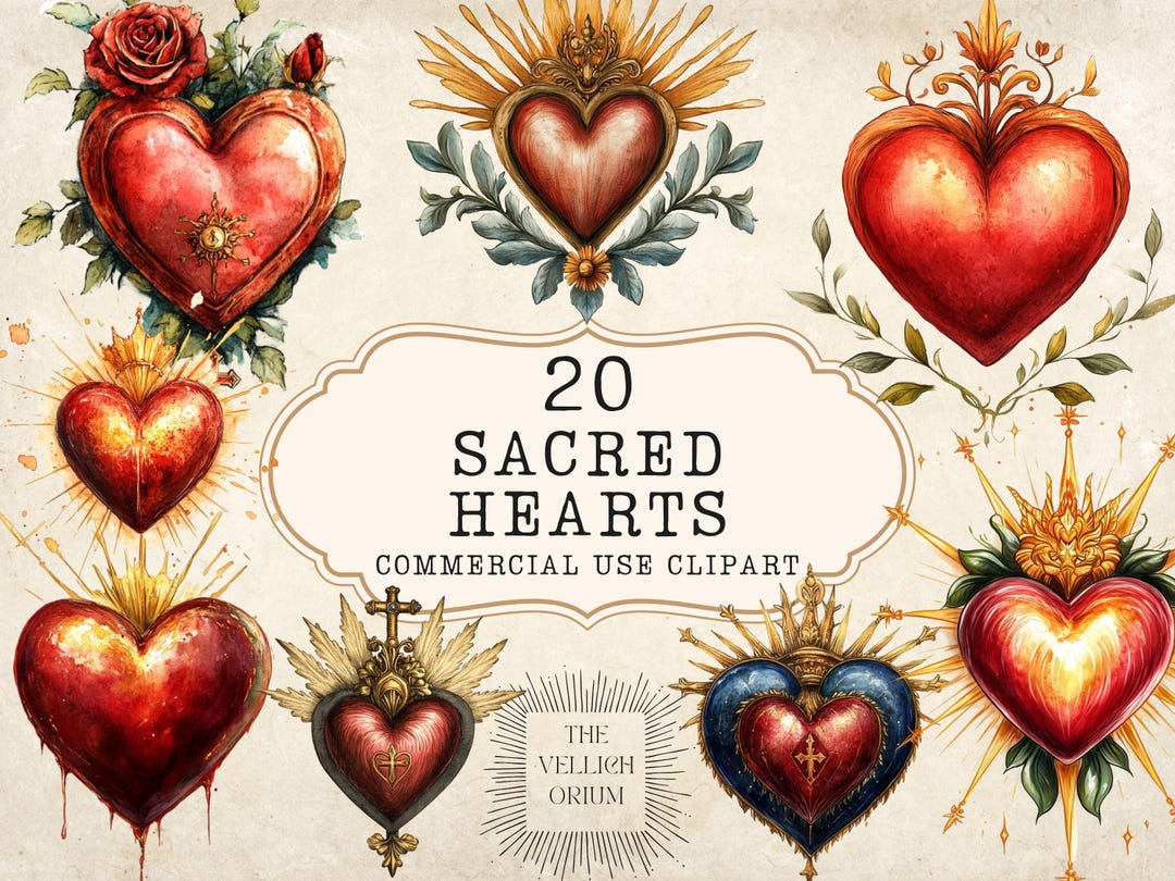 Sacred Heart Clipart, Vintage Heart Illustrations, Mystical Religious ...