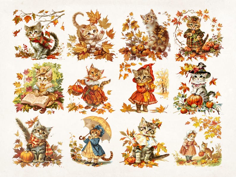 Vintage Fall Cat Clipart | Autumn Kitten PNG (digital Download) - Etsy