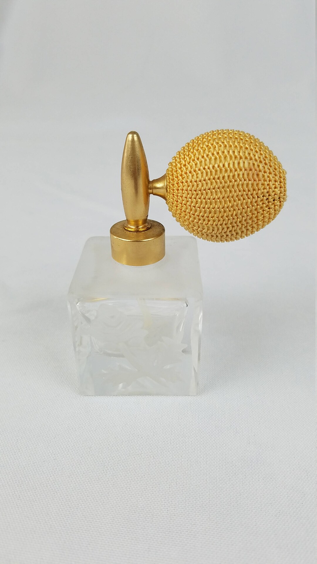 Vintage Acid Etched Gold Tone Powder Puff Glass Perfume Bottle Vanity ...