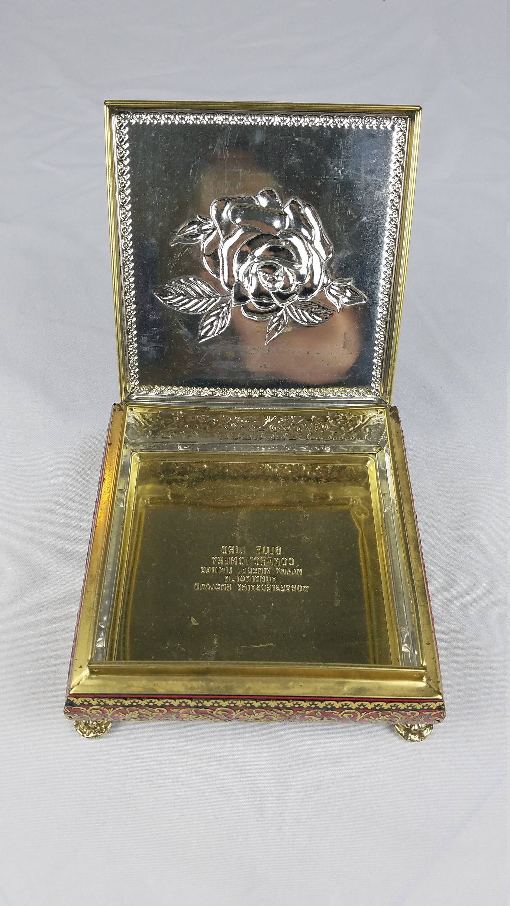 Vtg Blue Bird Confectionery Velvet Embossed Litho Tin Box England Gold ...