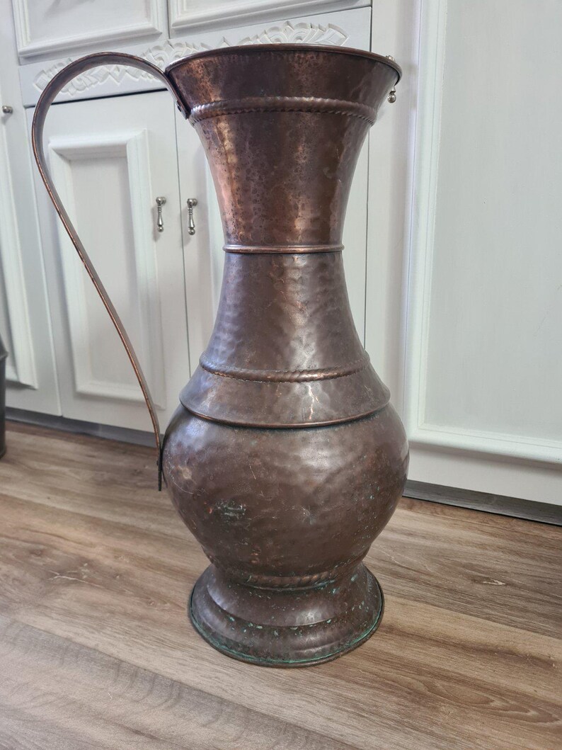 Antique 1920s Copper Pitcher. Large Handmade Hammered Watering Can ...