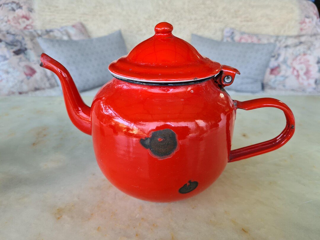 Vintage Enamel Red Teapot | 1960s Rustic Teapot | Charming Vintage ...