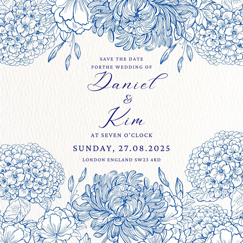 Blue Floral Wedding Invitation Template – Bridgerton-inspired, Instant ...