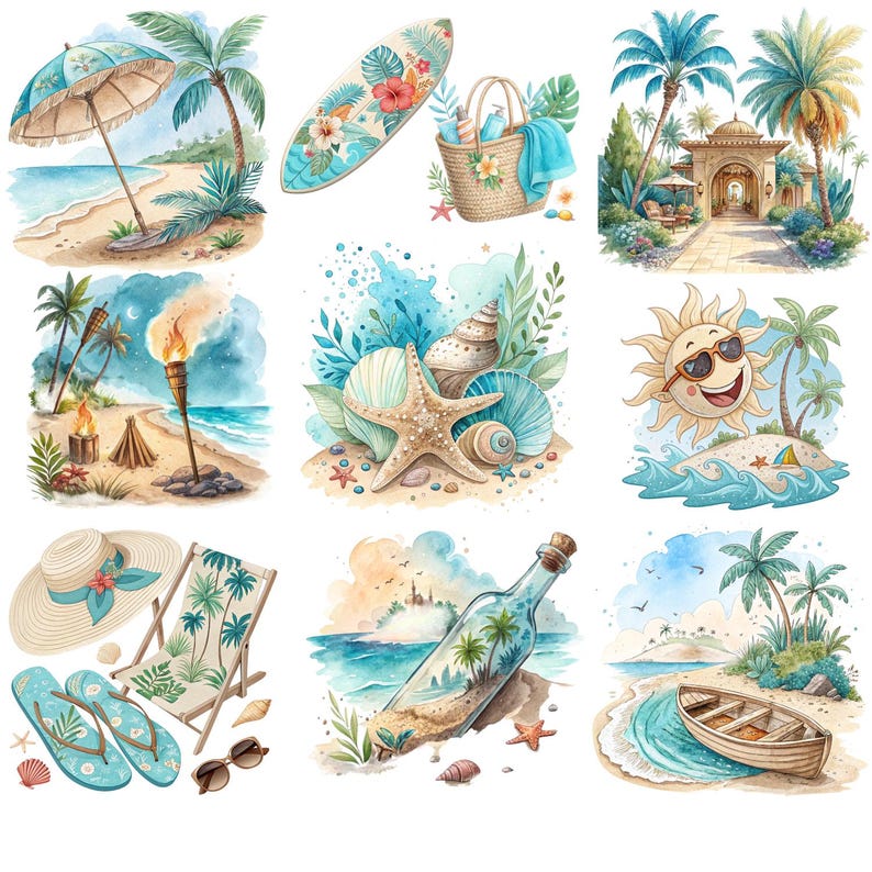 Tropical Beach Clipart: Watercolor Island Vibes PNG Bundle (digital ...