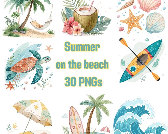 Summer Beach Clipart Bundle: Tropical Watercolor PNG Set (digital ...