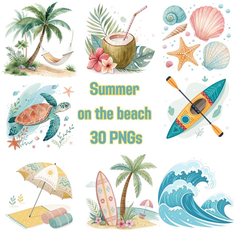 Summer Beach Clipart Bundle, Tropical Vacation PNG Set, Ocean Wave and ...