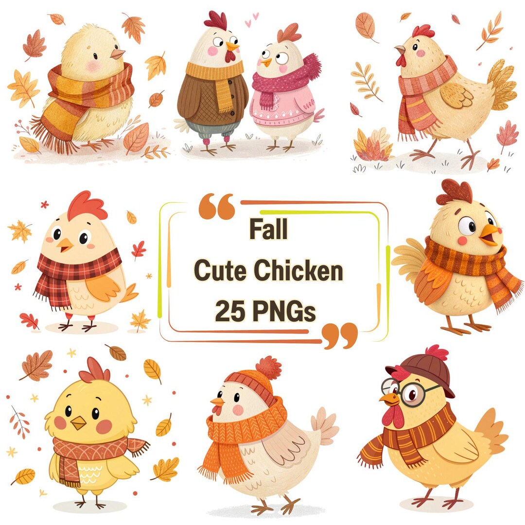 Fall Cute Chicken Sublimation PNG Bundle With 25 Autumn Clipart Designs ...