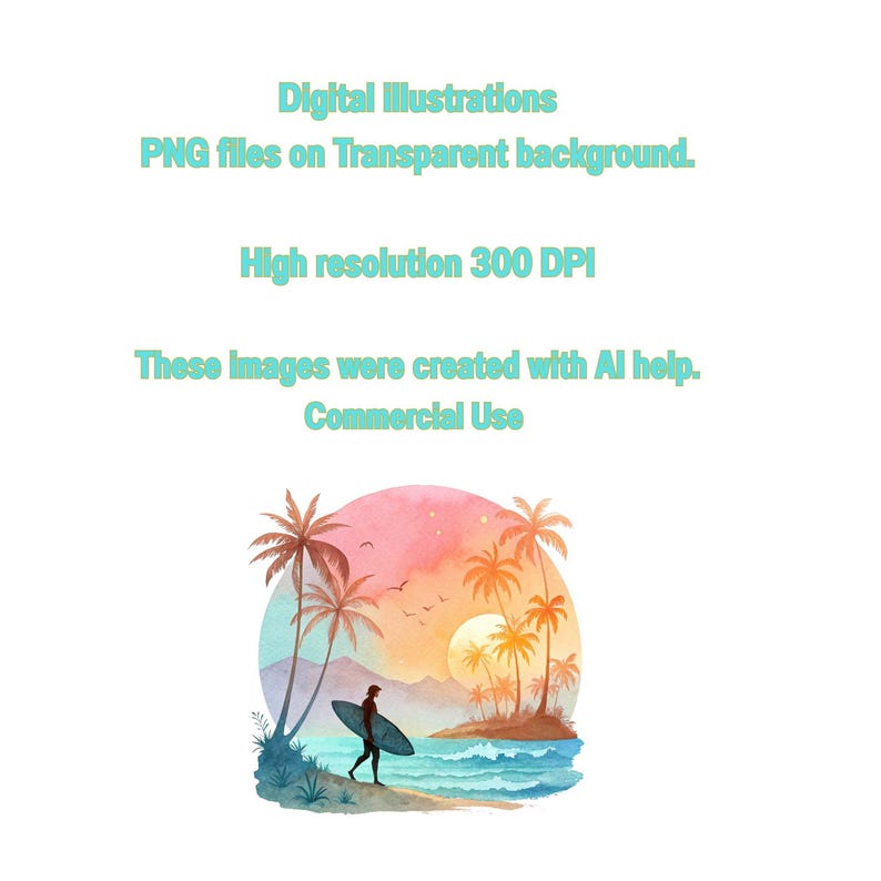 Summer Surfing PNG Bundle, Watercolor Beach Clipart, Tropical Surfboard ...