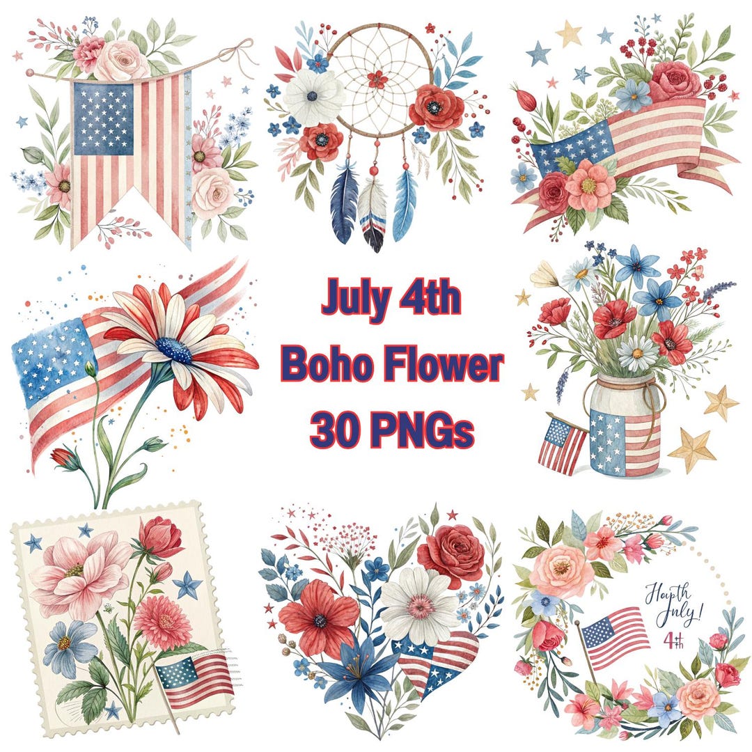 Boho 4th of July Flower Clipart: Watercolor Patriotic PNG Bundle ...