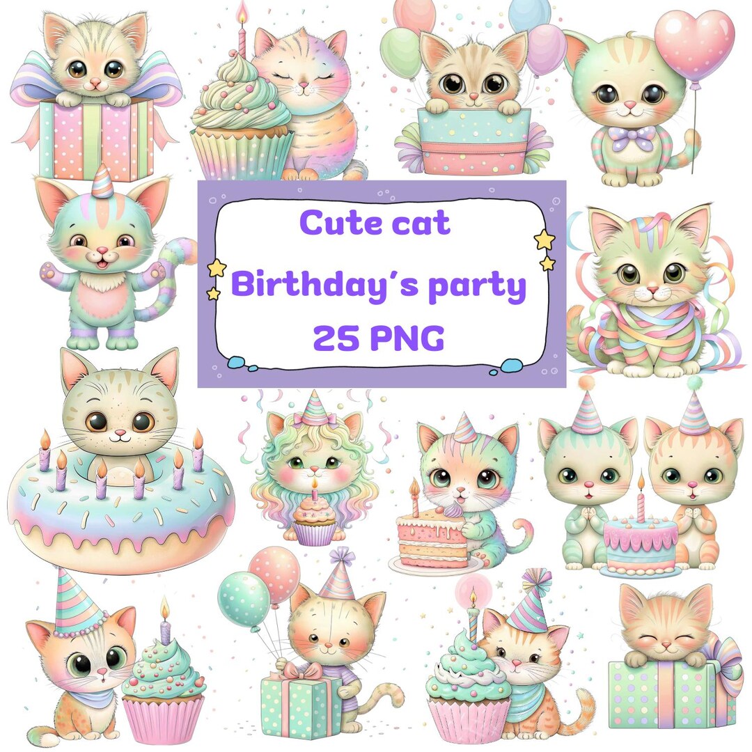 Cute Cat Birthday Party Clipart Set - 25 PNG Digital Download PNG ...