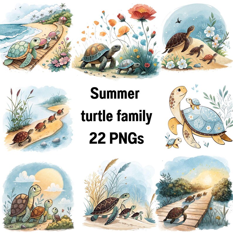 Summer Turtle Family Clipart Bundle Cute Ocean Animal Pngs for Kids ...