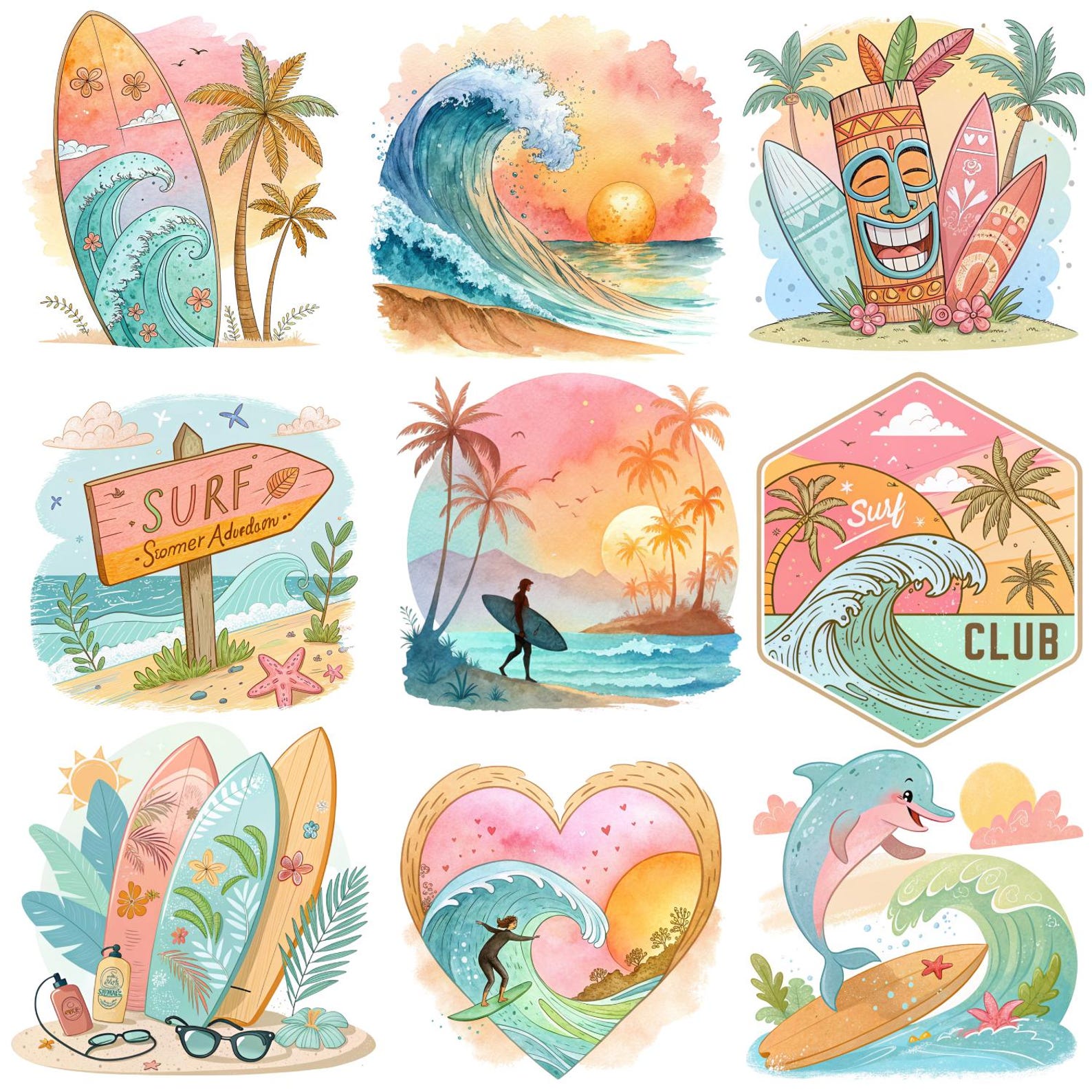 Summer Surfing PNG Bundle, Watercolor Beach Clipart, Tropical Surfboard ...