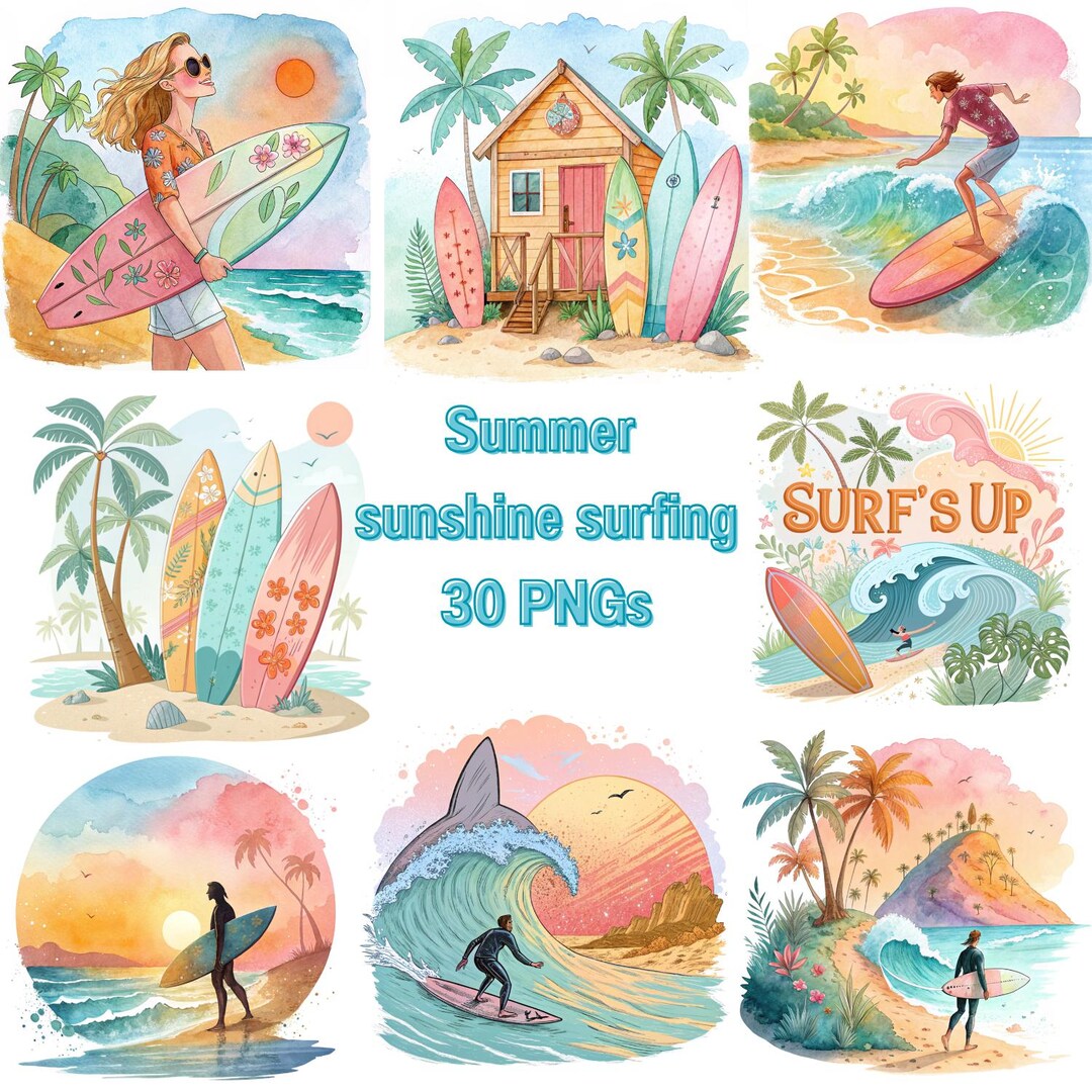 Summer Surfing PNG Bundle, Watercolor Beach Clipart, Tropical Surfboard ...