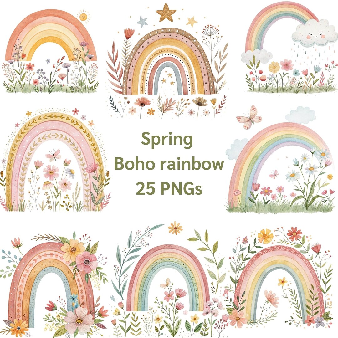 Watercolor Spring Rainbow Clipart: Boho Floral PNG Bundle (digital ...