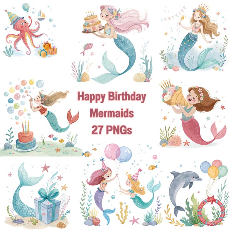Mermaid Birthday Party Clipart PNG Set, Under the Sea Girls Party ...
