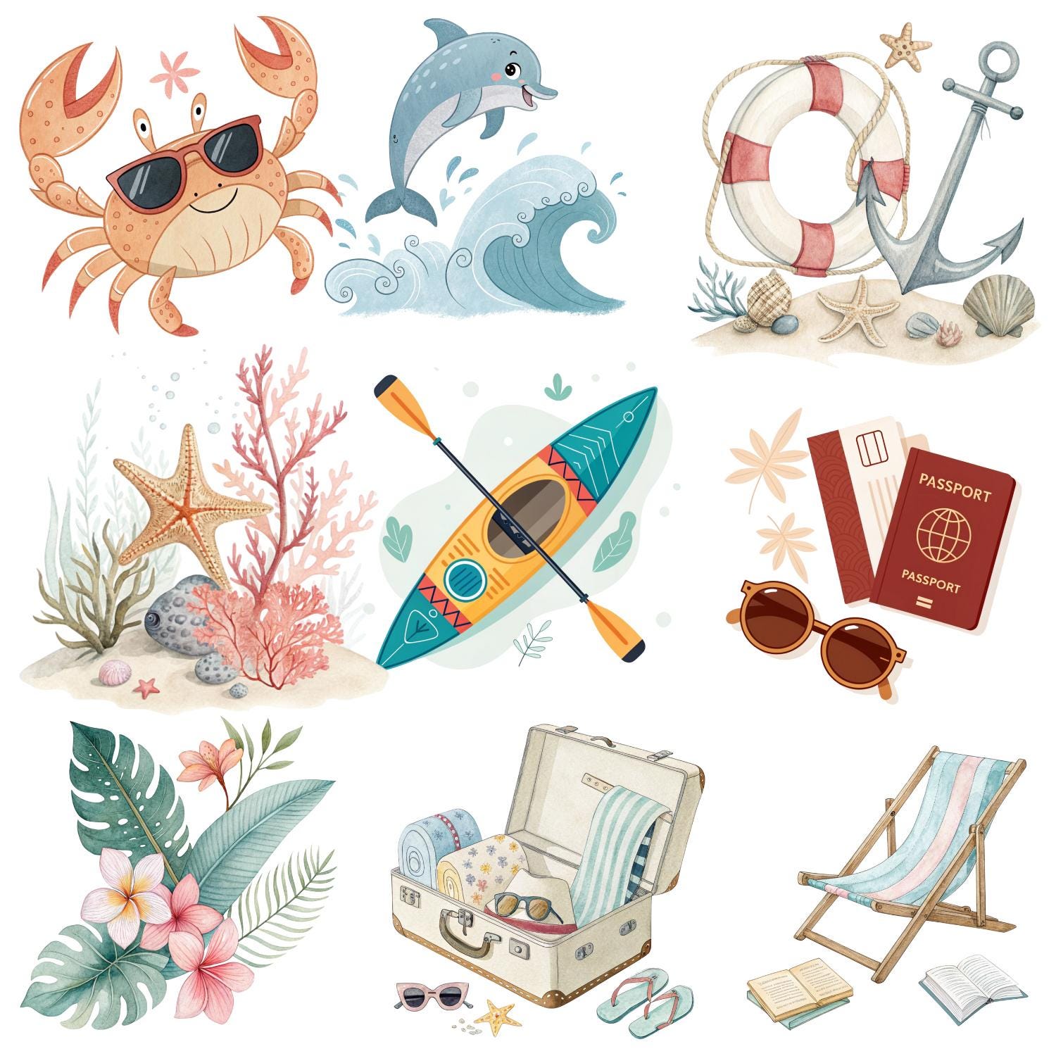 Summer Beach Clipart Bundle, Tropical Vacation PNG Set, Ocean Wave and ...