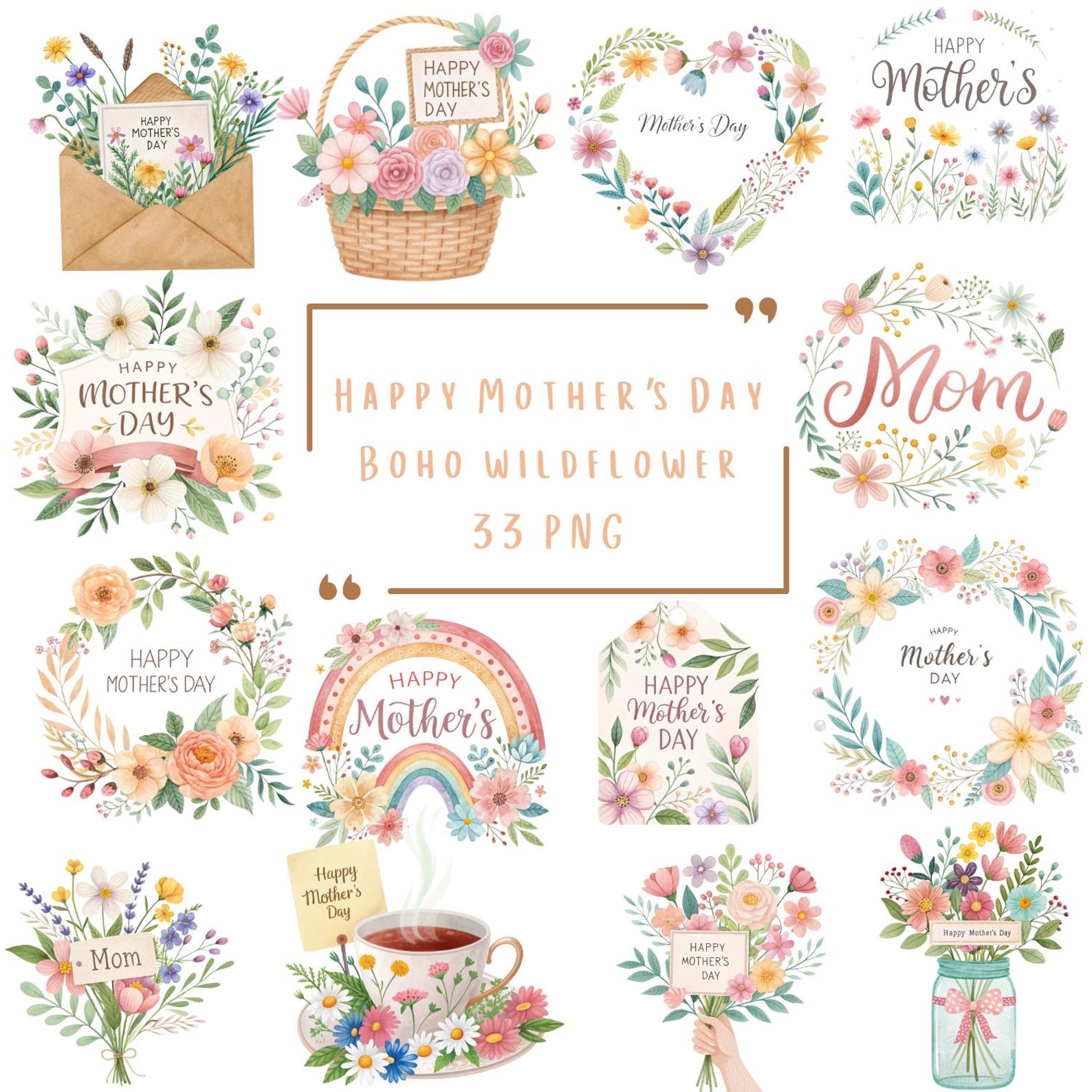 Happy Mother's Day Boho Wildflower Clipart | 33 PNG Floral Bundle ...