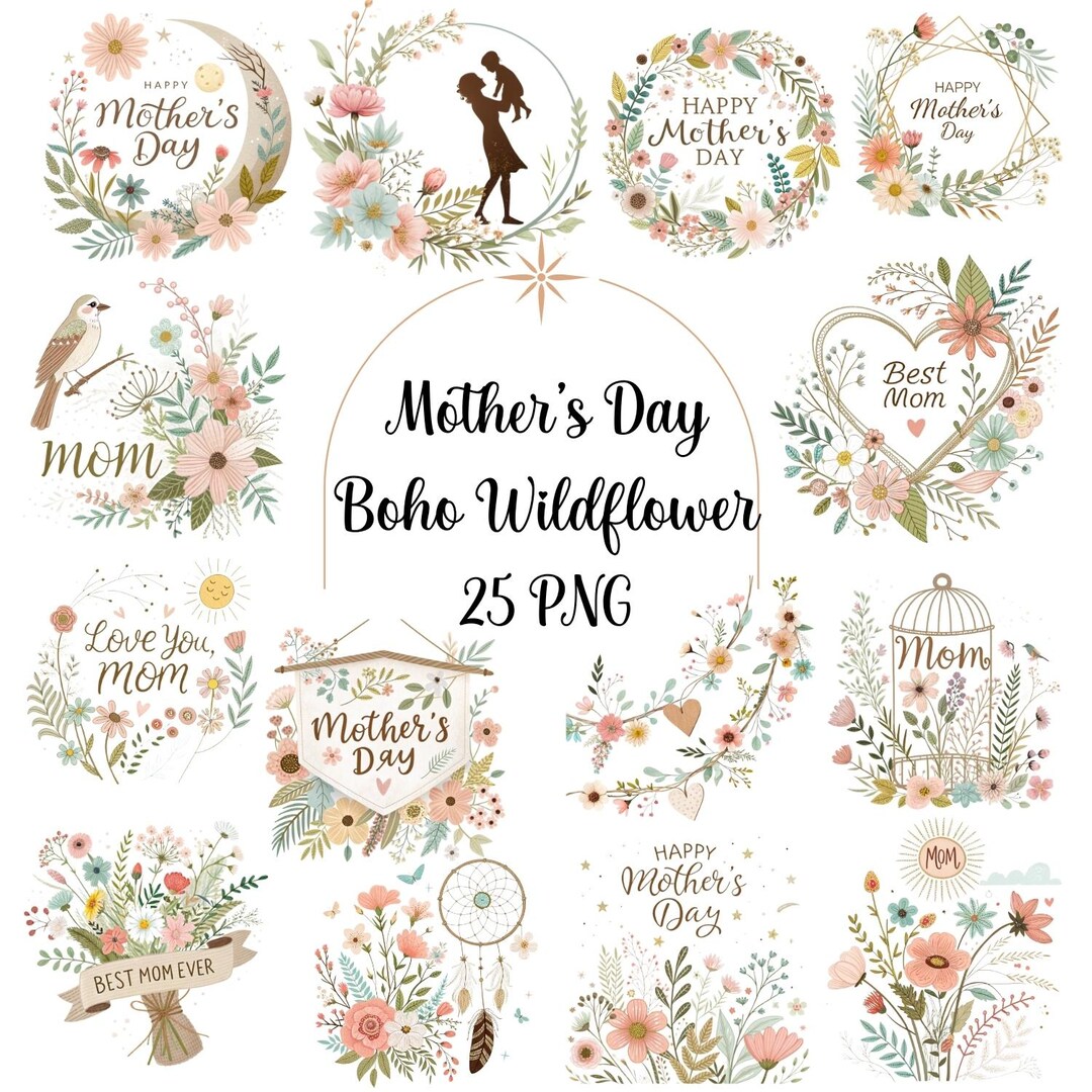 Boho Wildflower Mother's Day Clipart | 25 PNG Floral Bundle, Happy ...