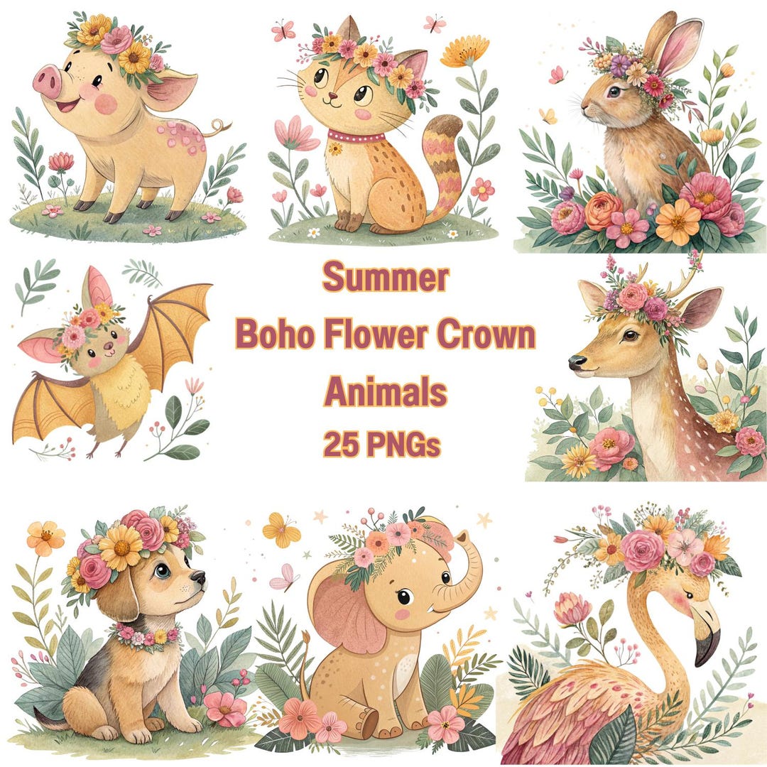Boho Animal Flower Crown PNG Set, Cute Summer Forest Creatures Clipart ...