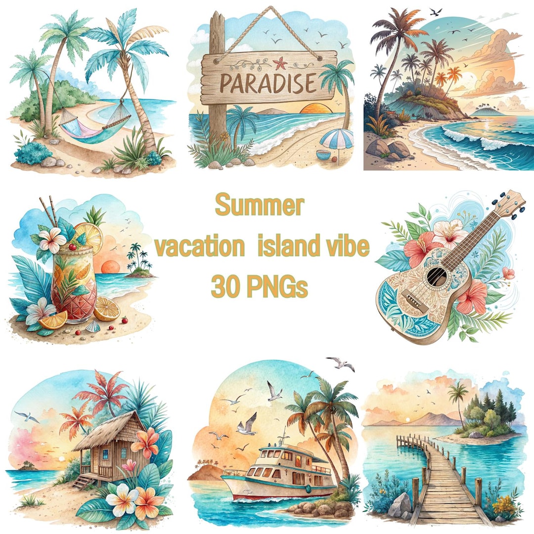 Tropical Beach Clipart: Watercolor Island Vibes PNG Bundle (digital ...