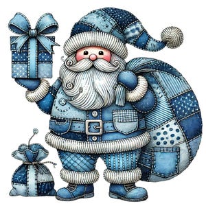 Denim Patchwork Santa PNG Sublimation | Blue Jean Christmas Gnome ...