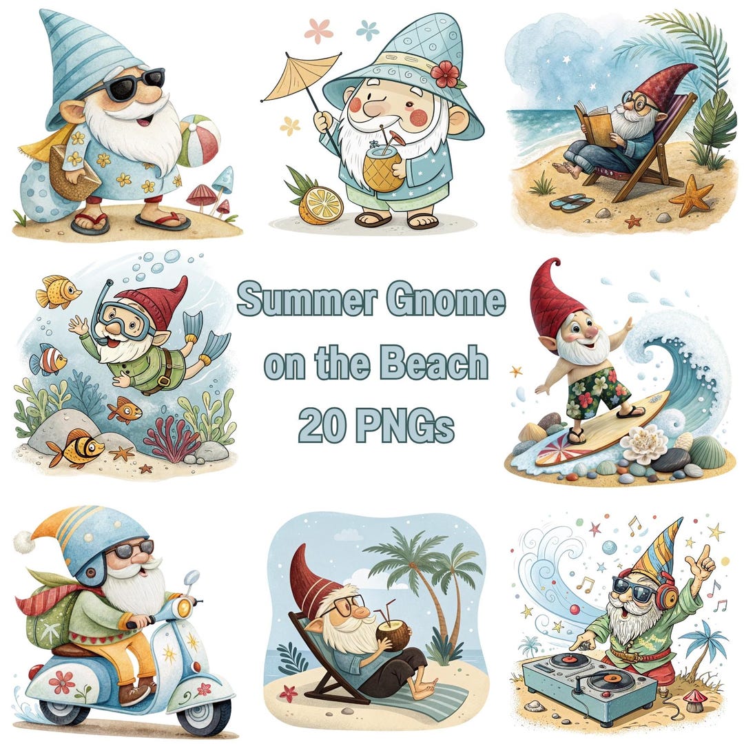 Summer Beach Gnome Clipart Bundle, Cute Vacation Gnomes PNG Set With ...