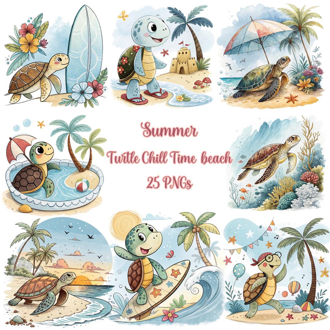 Summer Turtle Beach Clipart Bundle, Cute Sea Turtles Vacation Pngs With ...