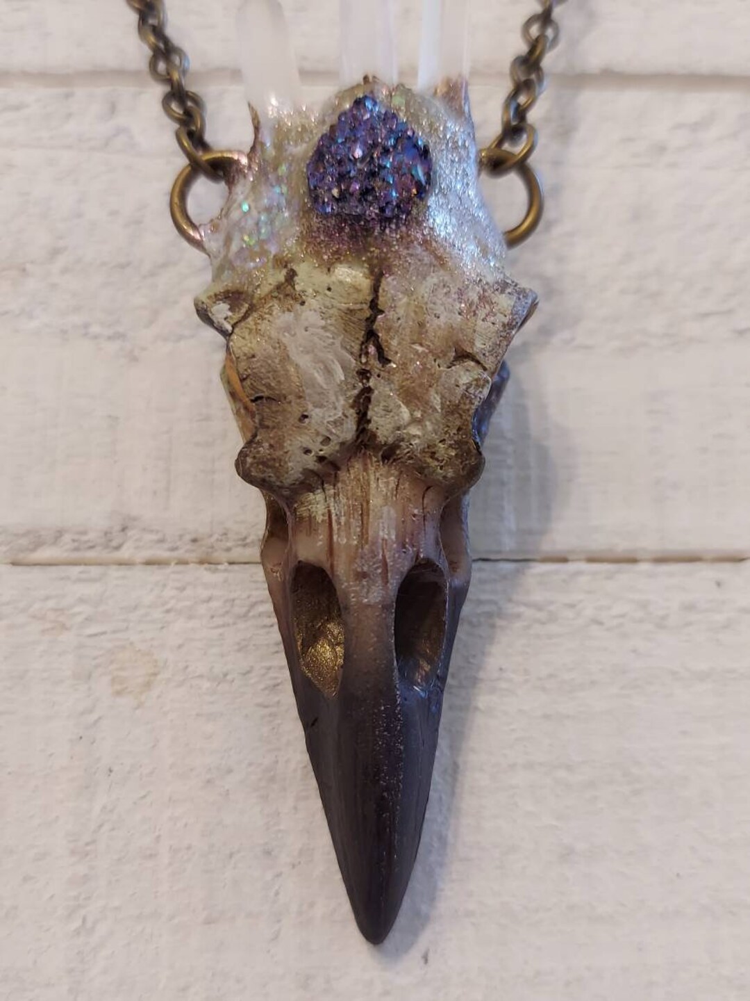 The Raven Skull Necklace Talisman With Three Quartz Points ,blurple ...