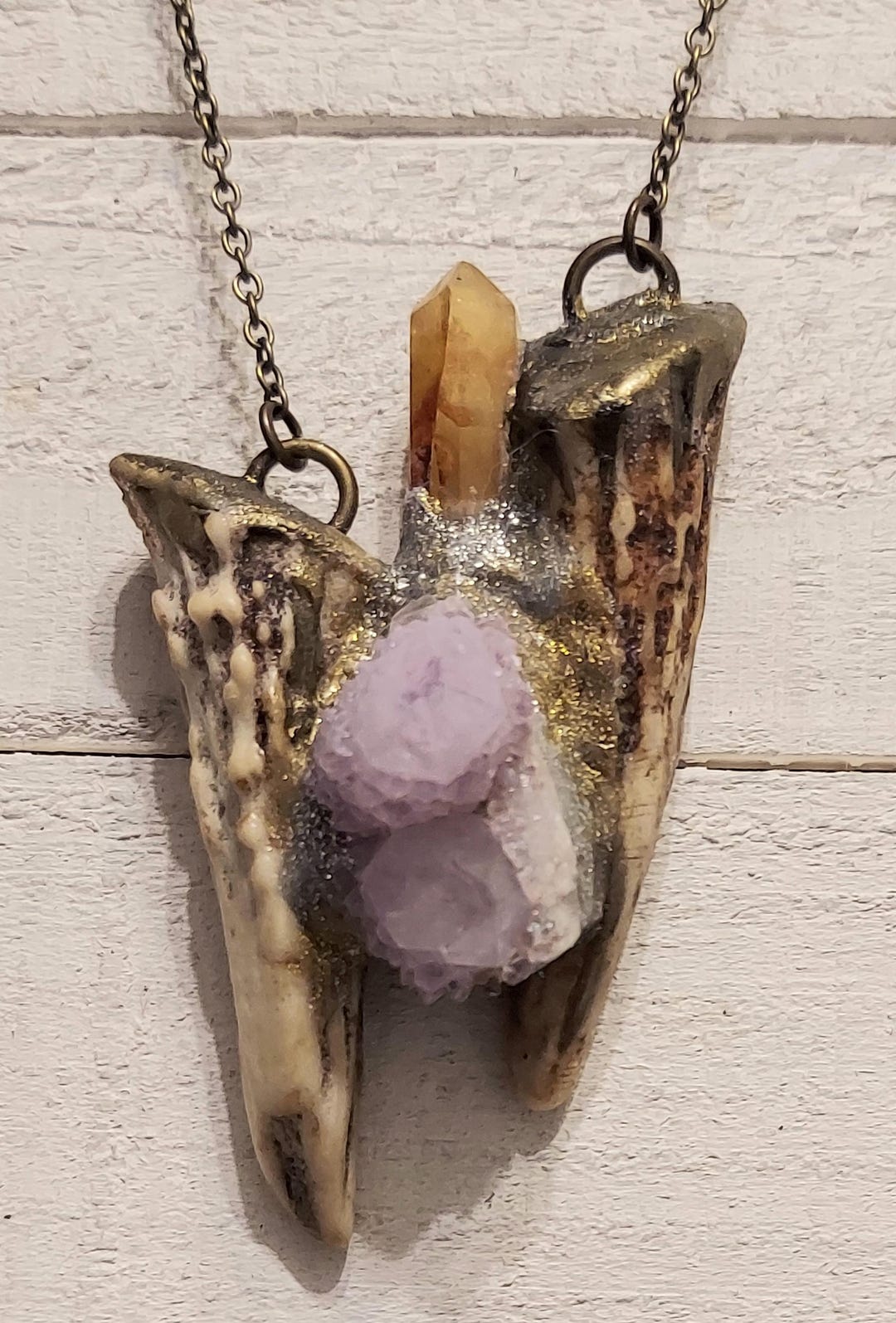 Double Natural Deer Antler Amulet With Citrine Point and Lavender ...