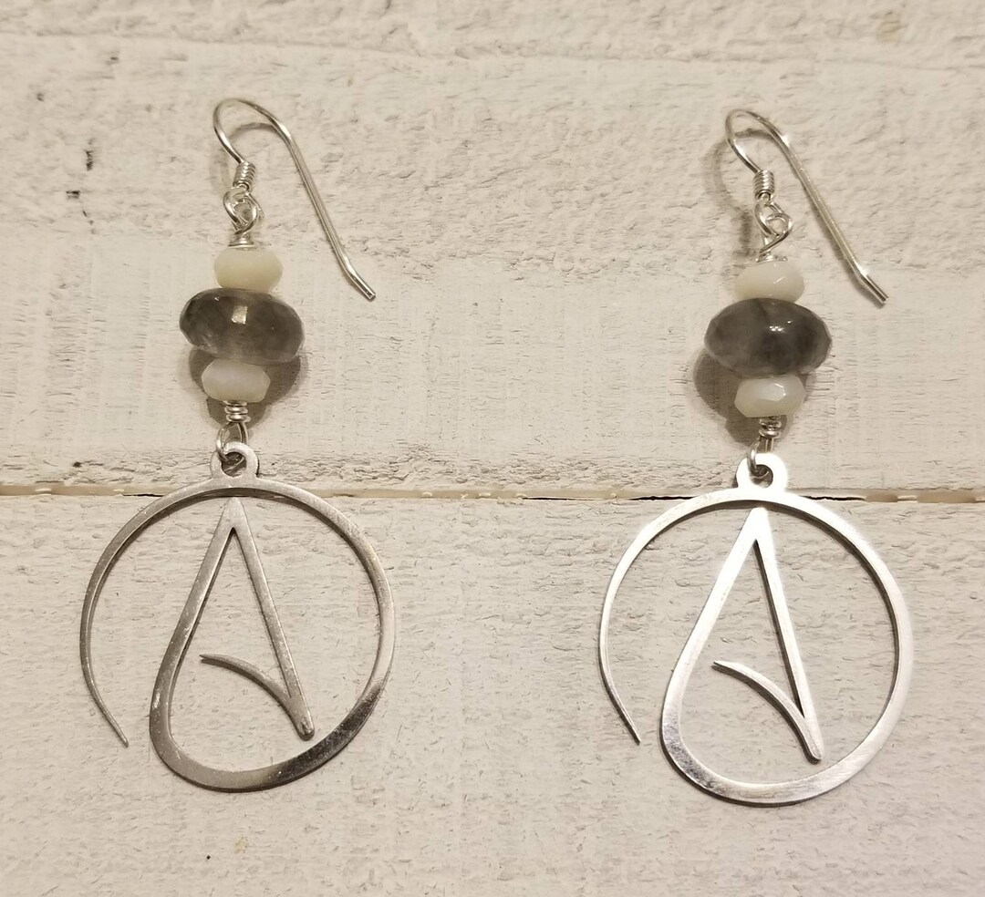 Atheist Symbol Charm Drop Earrings With Moonstones and Rutile Faceted ...