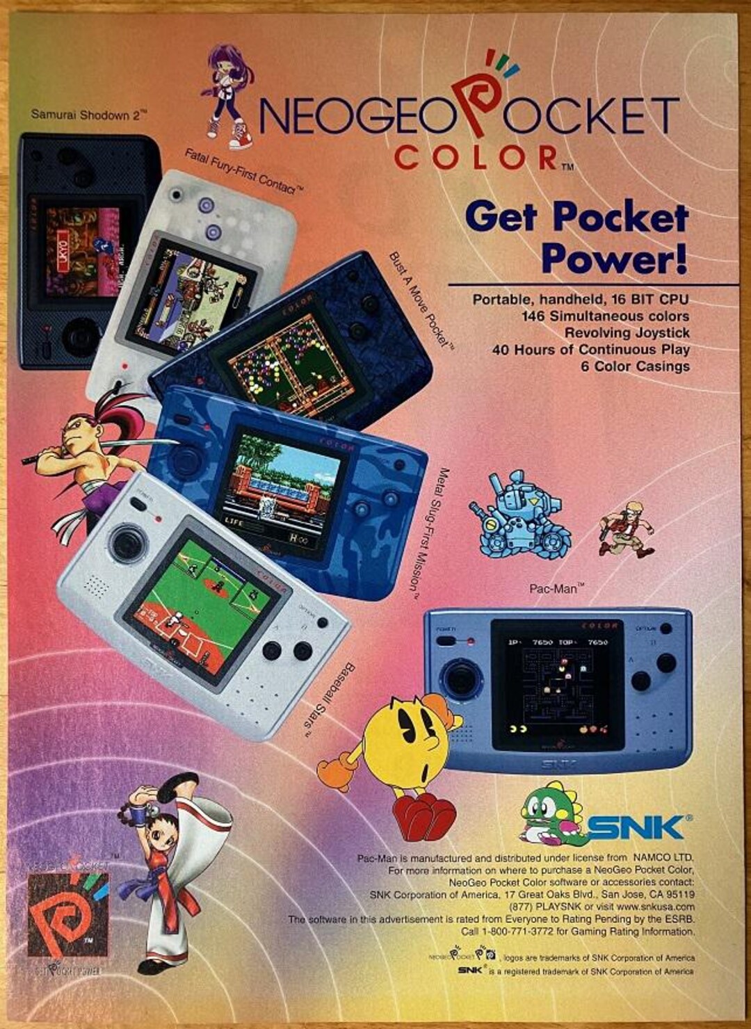 1999 Neo Geo Pocket Color System Print Ad/poster Promo Art Sonic SNK ...