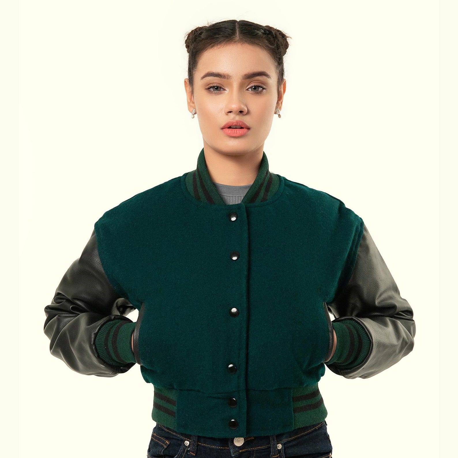 Cropped Varsity Jacket Baseball Letterman Jackets Wool Body Genuine ...
