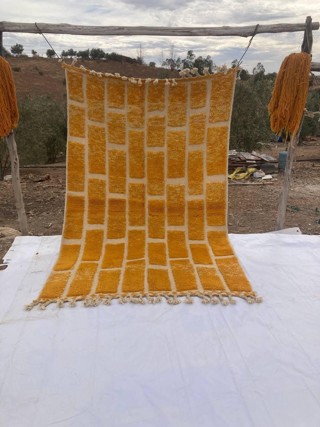 Handmade Bright Yellow Moroccan Wool Rug: Berber Brick Pattern - Etsy