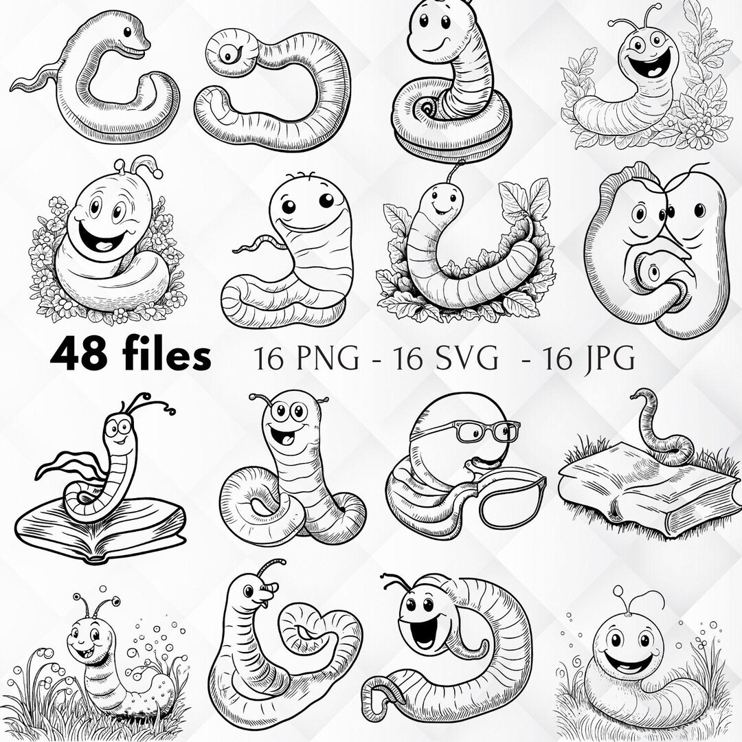 Cute Worm Clipart Bundle | Intelligent & Reading Worm | Love Worm ...