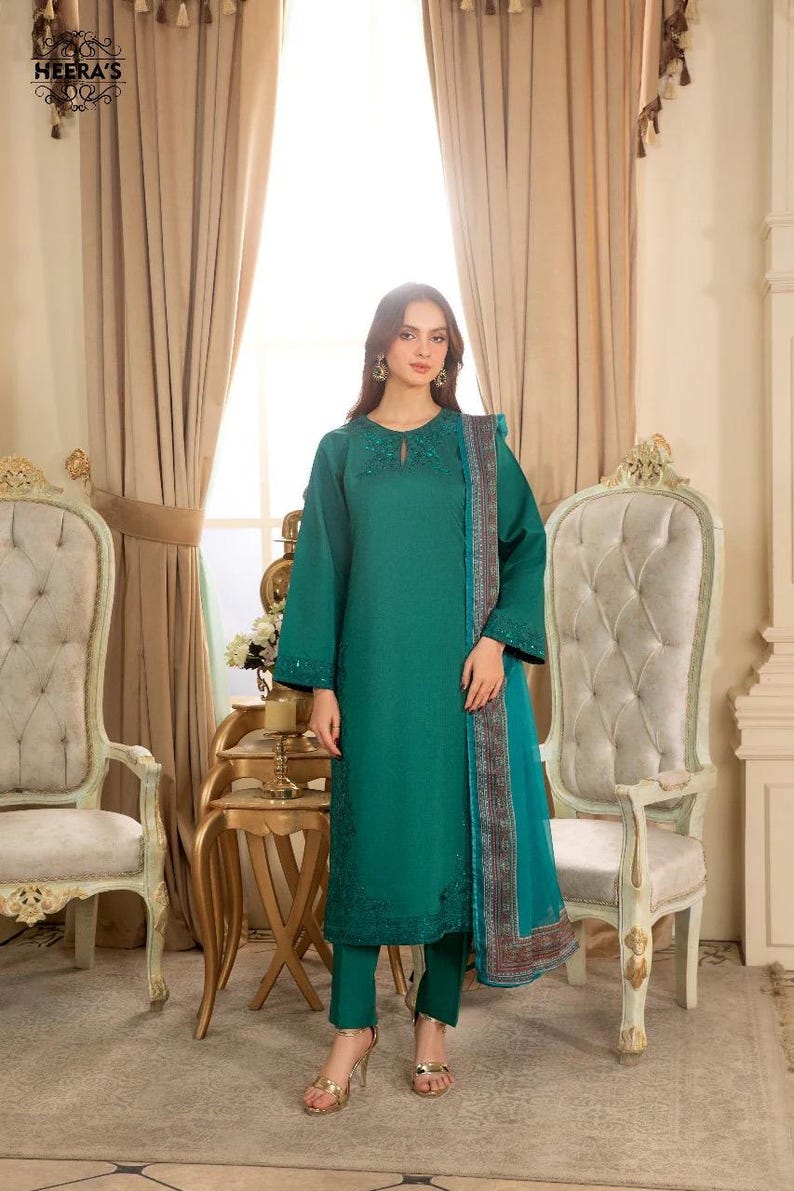 Emerald Green Pakistani Suit for Women – Embroidered 3 Piece Formal ...