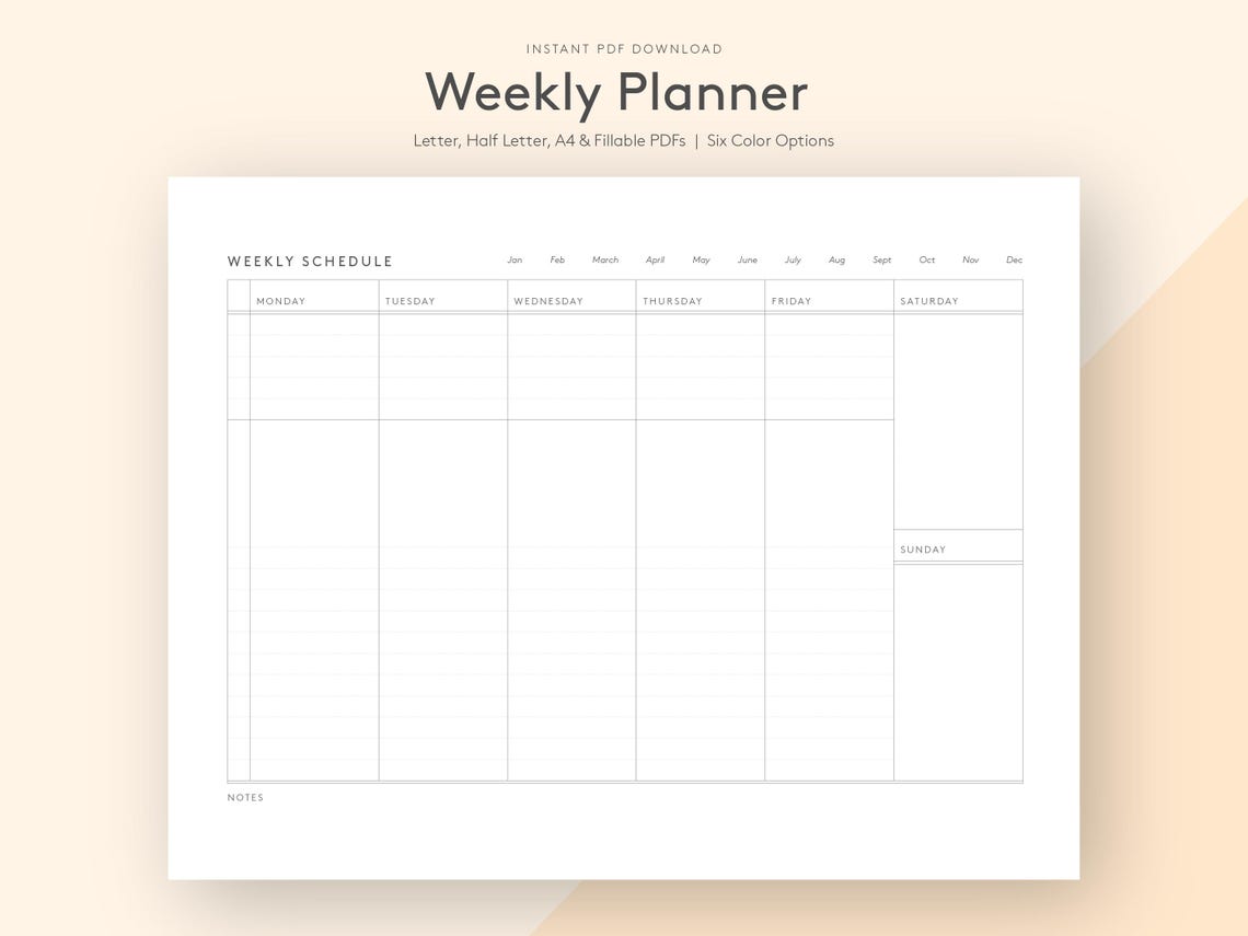 Weekly Planner, Printable Weekly Planner, Weekly Schedule, Letter/half ...