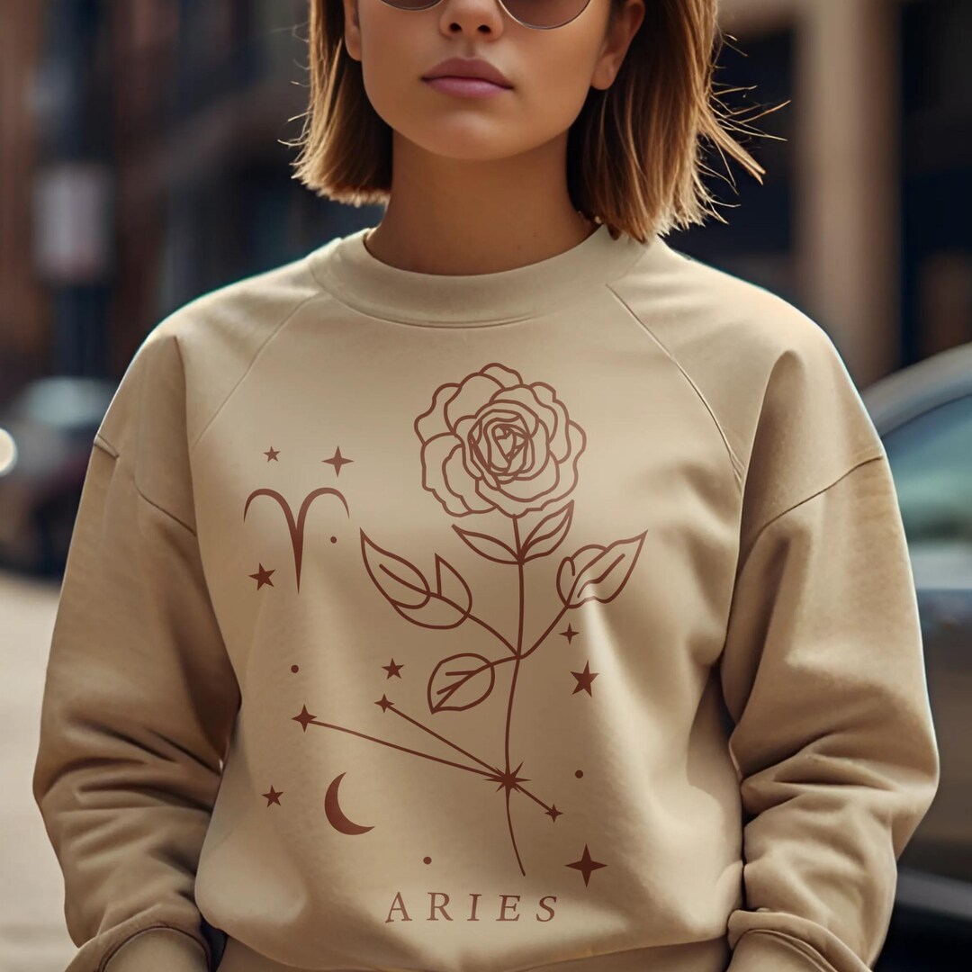 Zodiac Birth Month Birth Flower Sweatshirt, Aries Sign Astrology ...
