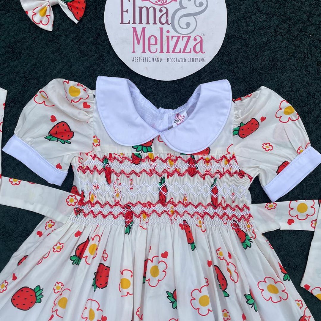 Strawberry Printed Fabric Hand Smocked Baby Girl Dress | Toddler ...