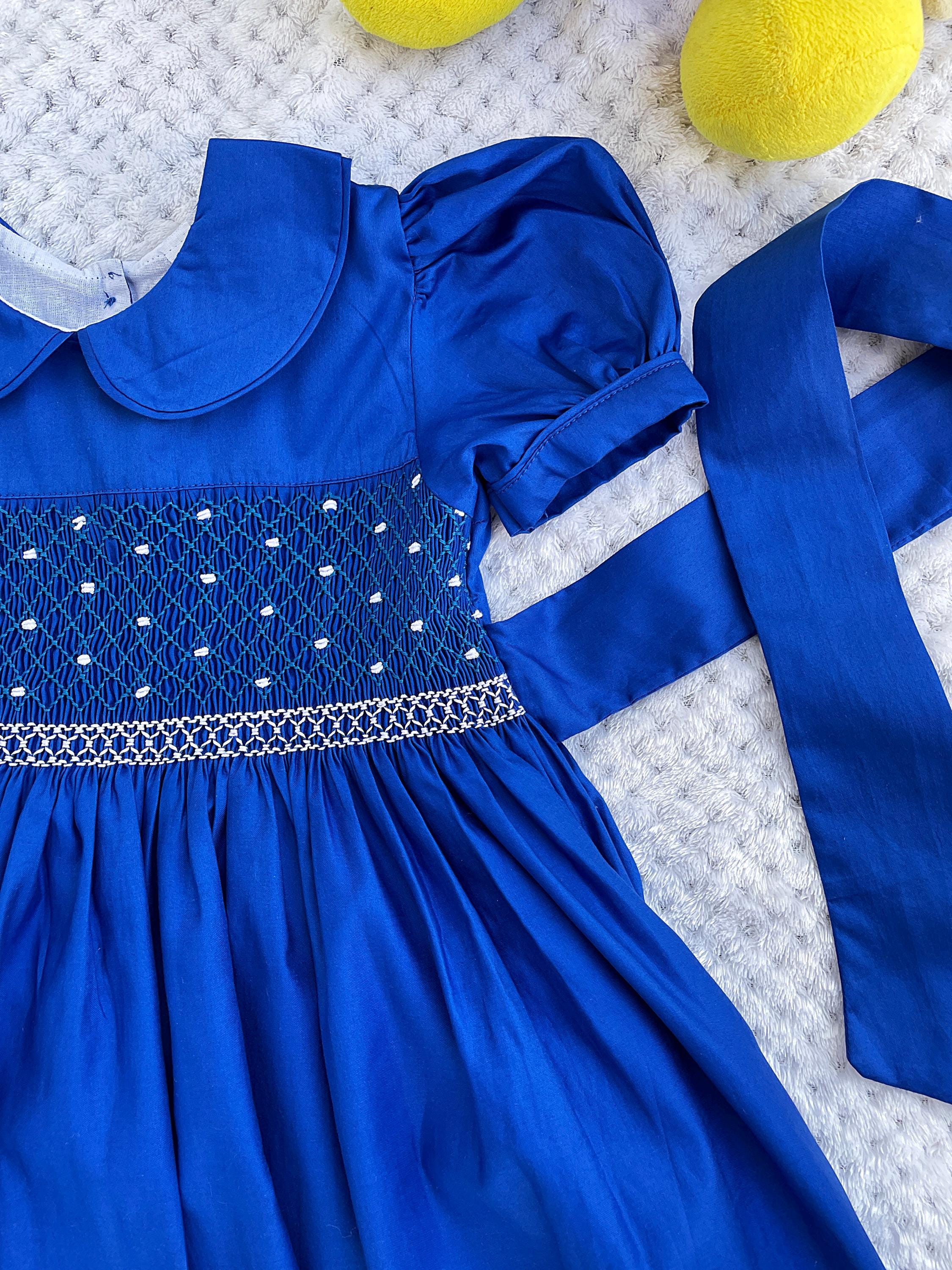 Navy Blue Solid Fabric Hand Smocked Baby Girl Dress | Toddler Birthday ...