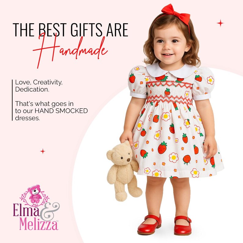 Strawberry Printed Fabric Hand Smocked Baby Girl Dress | Toddler ...