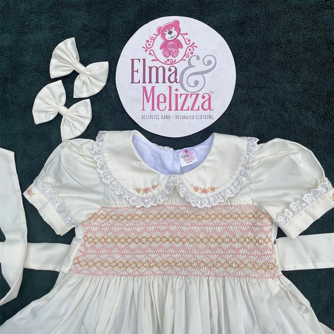 Beige Colour Solid Fabric Hand Smocked Baby Girl Dress | Toddler ...