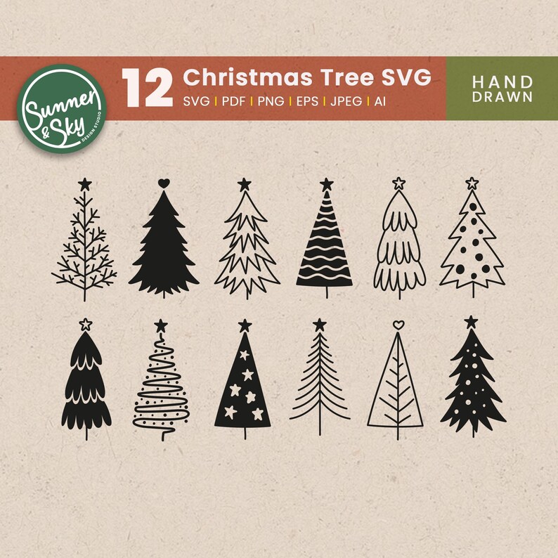 Christmas Tree SVG Bundle, Hand-drawn Christmas Trees, Glowforge, Laser ...