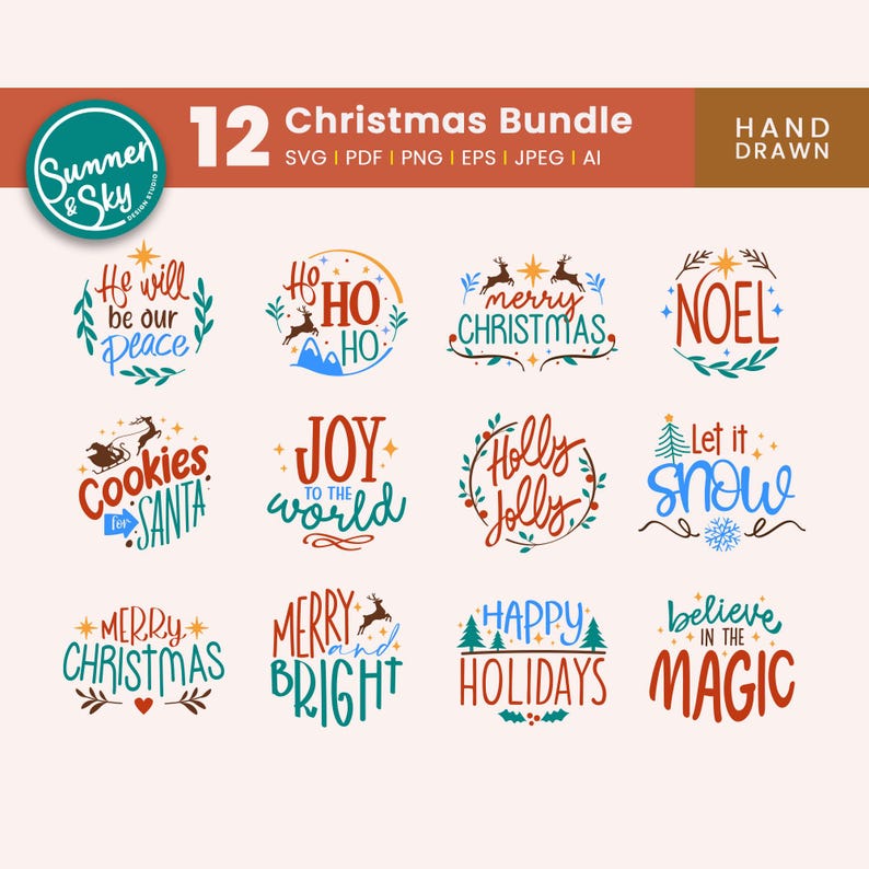 12 Christmas Typography Bundle SVG, Funny and Colorful Handdrawn ...