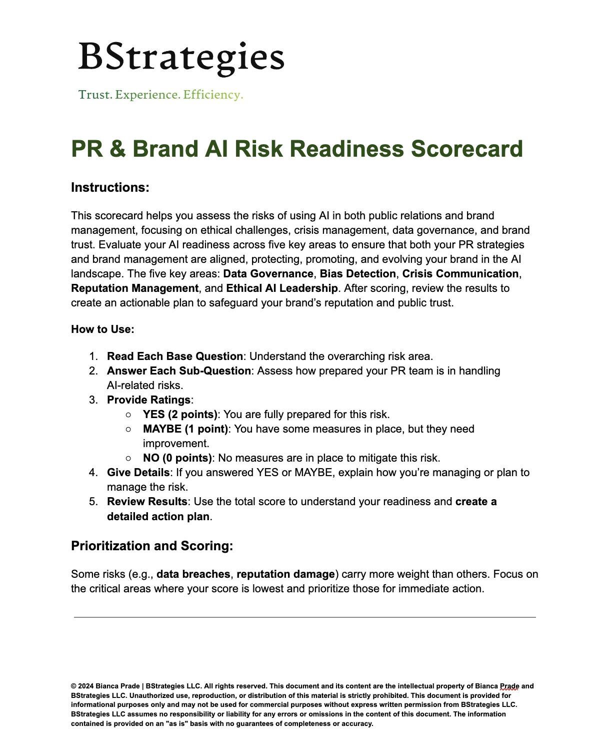 PR AI Risk Assessment Template & Scorecard Brand Risk Management Tool for PR Professionals and ...