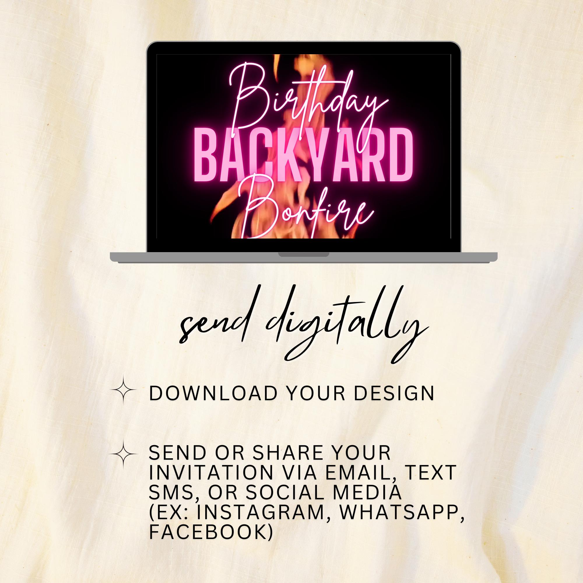 Birthday Backyard Bonfire Invitation. Digital Neon Pink Party Invite ...