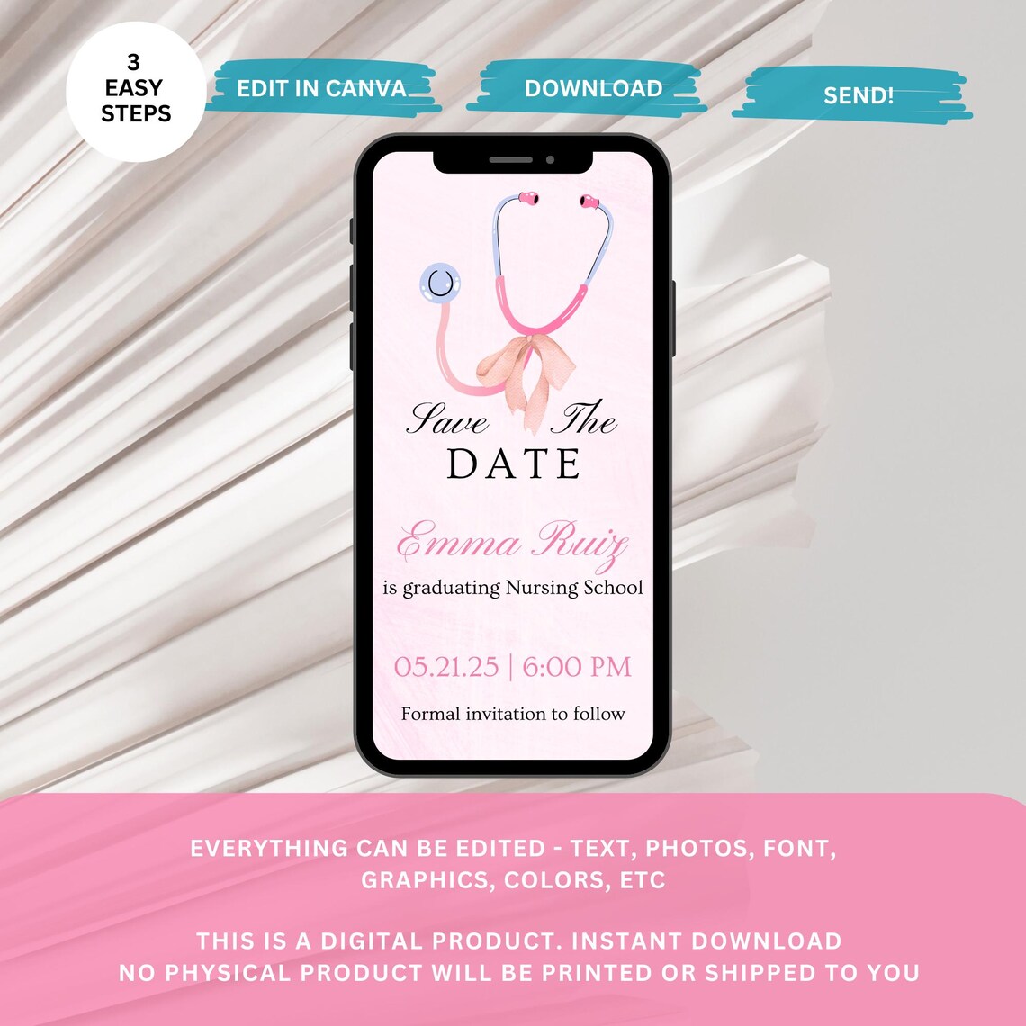 Nurse Graduation Save the Date Invitation. Digital Pink Bow Nursing ...