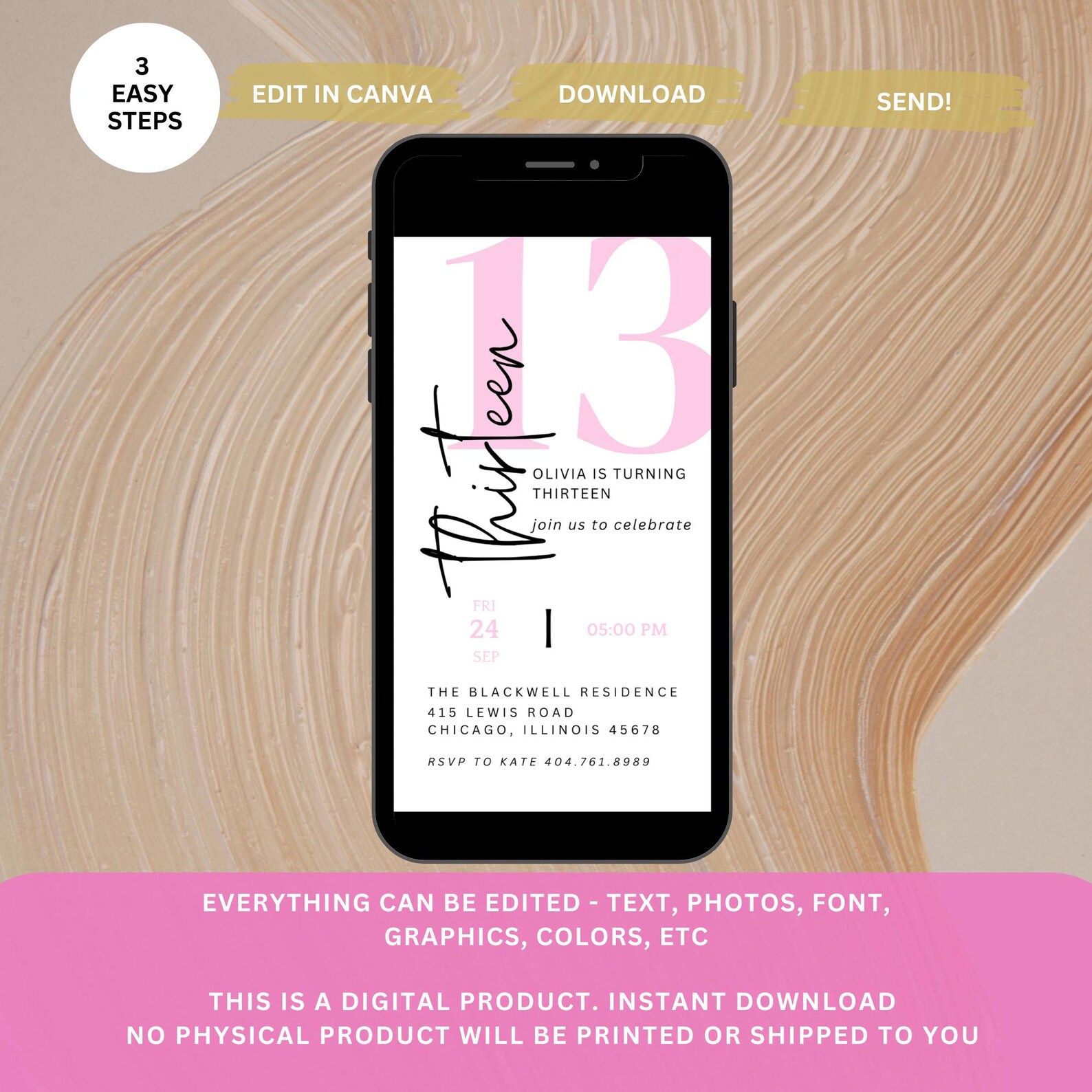13th Birthday Invitation Editable, Thirteenth Birthday Invite, Pink ...