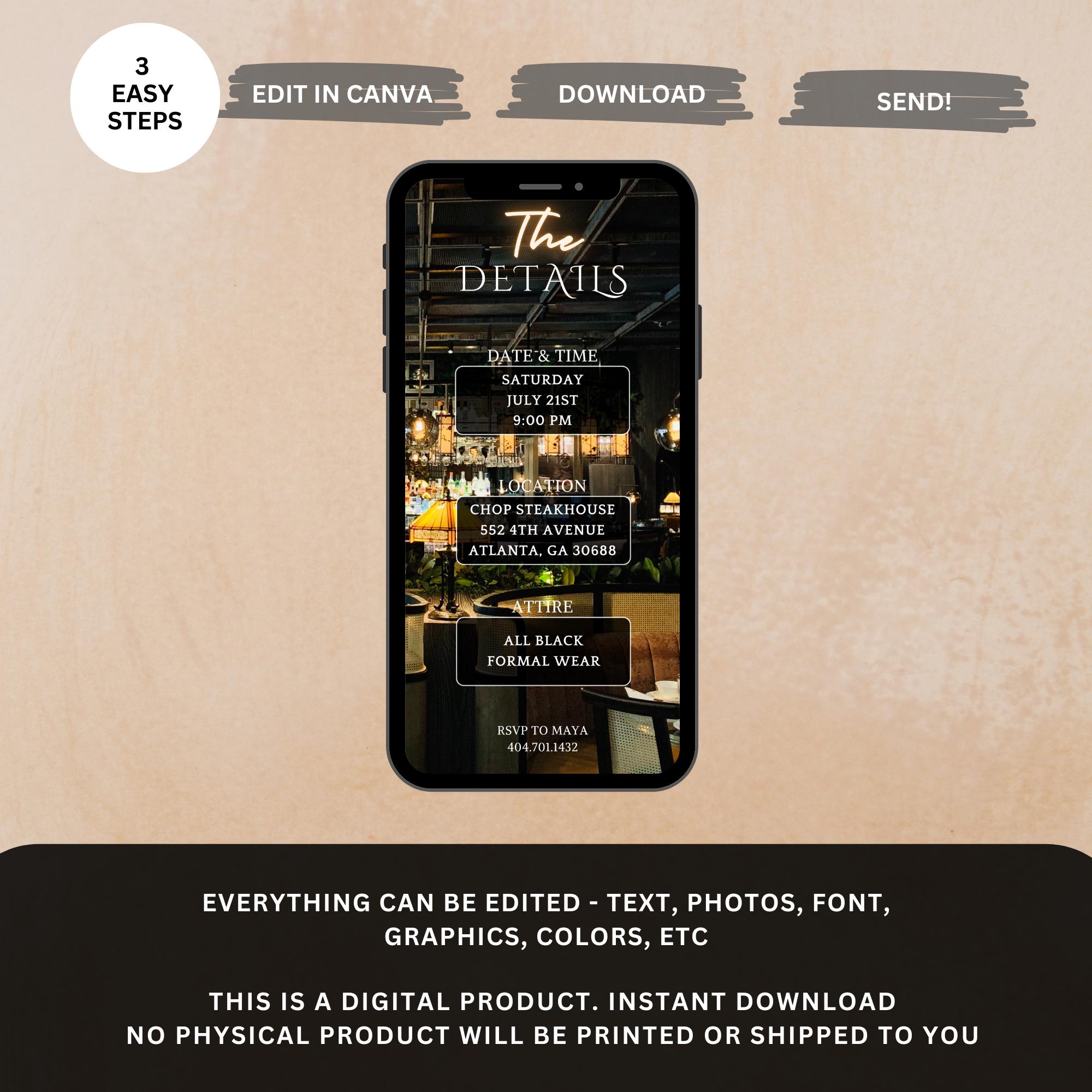 Animated Birthday Dinner Invitation, DIY Template Design, Men's Party ...