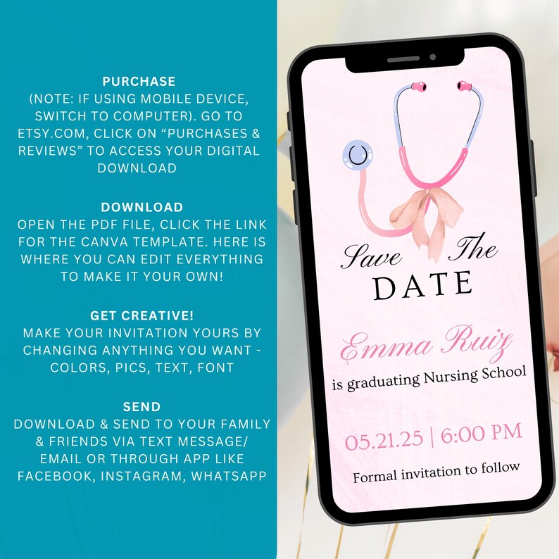 Nurse Graduation Save the Date Invitation. Digital Pink Bow Nursing ...