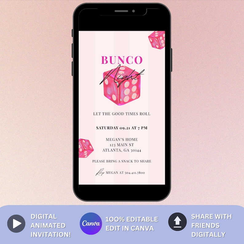 Animated Bunco Digital Invitation Template, Pink Dice Game Night Invite ...